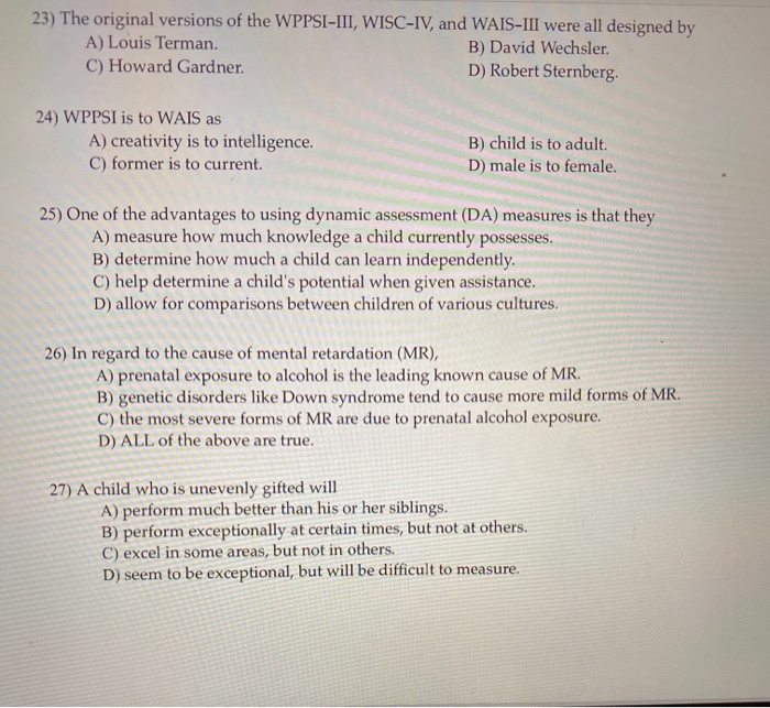 23) The original versions of the WPPSI-III, WISC-IV, | Chegg.com