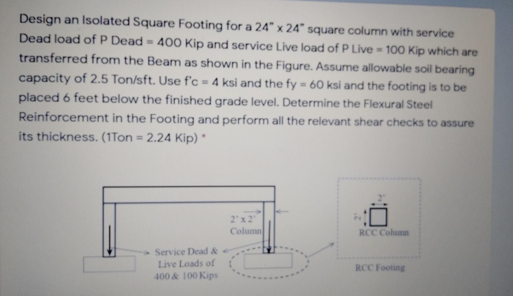 Solved Design an Isolated Square Footing for a 24" x 24" | Chegg.com