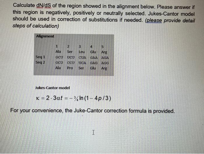 Calculate dN/dS of the region showed in the alignment | Chegg.com
