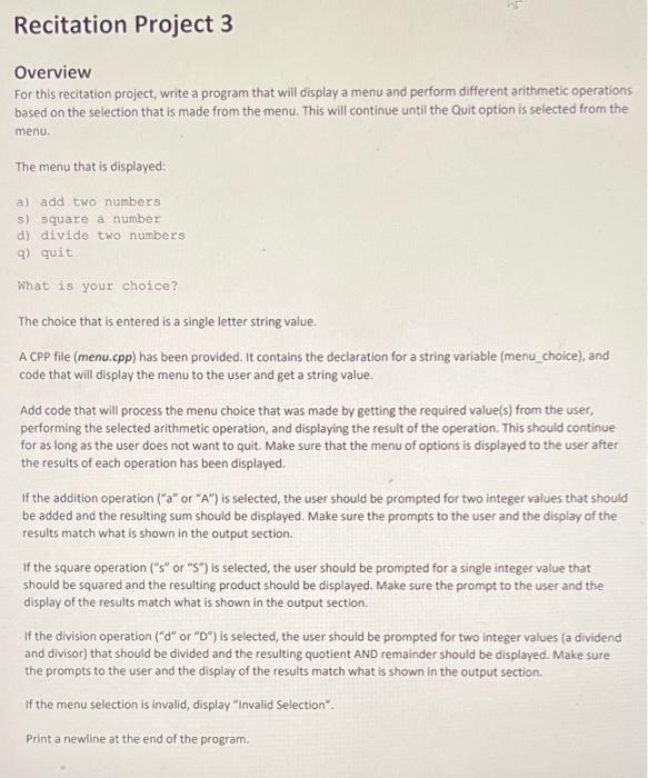 Solved Recitation Project 3 Overview For this recitation | Chegg.com