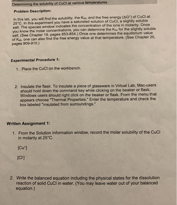 Determining the solubility of CuCl at various | Chegg.com