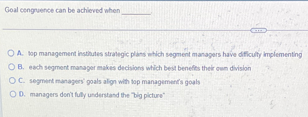 Solved Goal congruence can be achieved whenA. ﻿top | Chegg.com