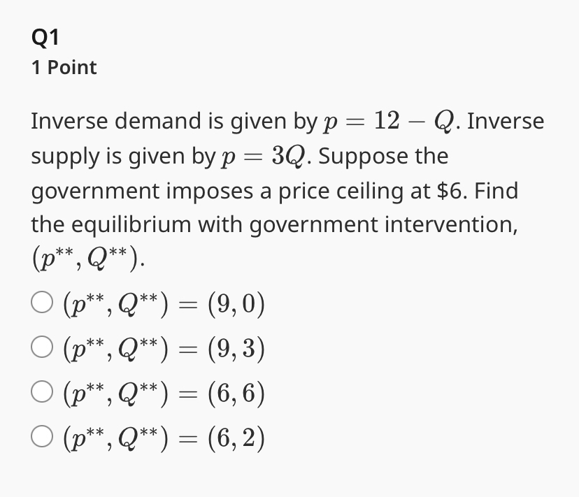 Solved Q11 PointInverse demand is given by p=12-Q. Inverse | Chegg.com Solved Q11 PointInverse demand is given by p=12-Q. Inverse | Chegg.com