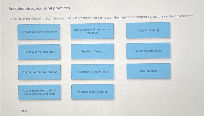 Solved Sustainable agricultural practices Select all of the | Chegg.com