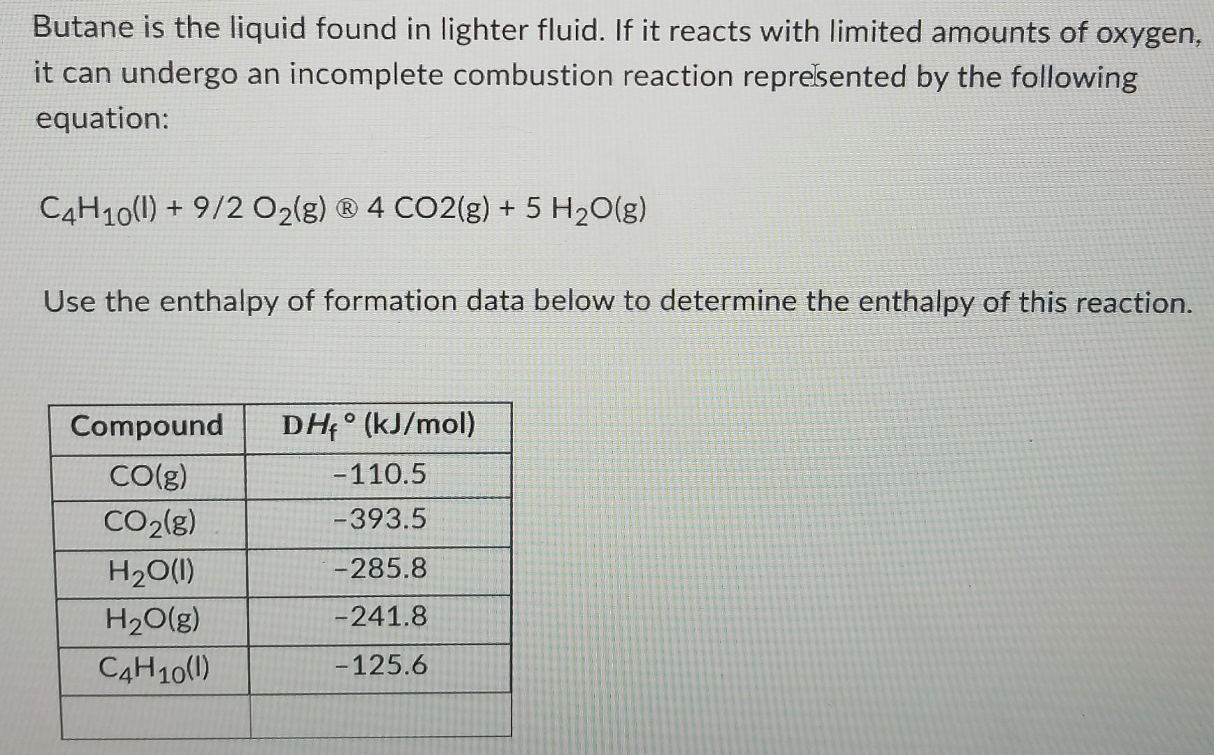 Solved Butane is the liquid found in lighter fluid. If it | Chegg.com