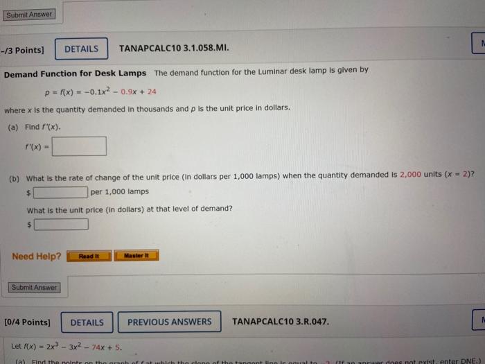 Solved Submit Answer -/3 Points] f'(x) = Demand Function for | Chegg.com