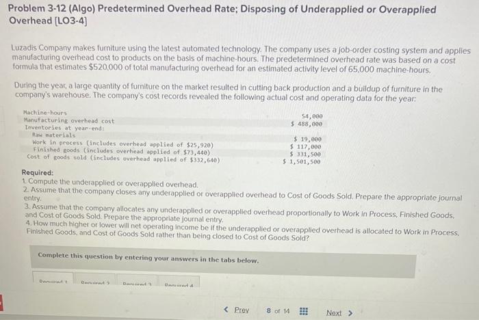 Solved Problem 3-12 (Algo) Predetermined Overhead Rate; | Chegg.com