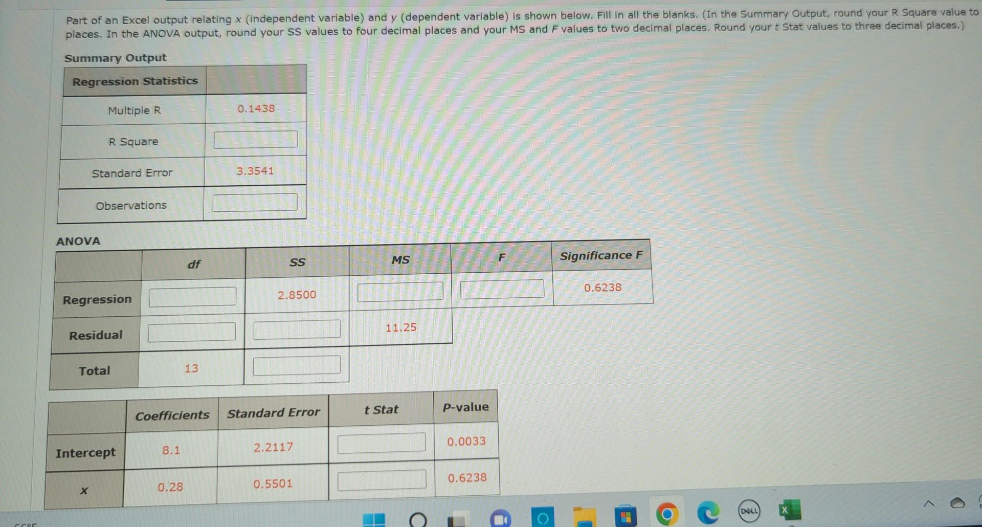 Solved Part Of An Excel Output Relating X Independent