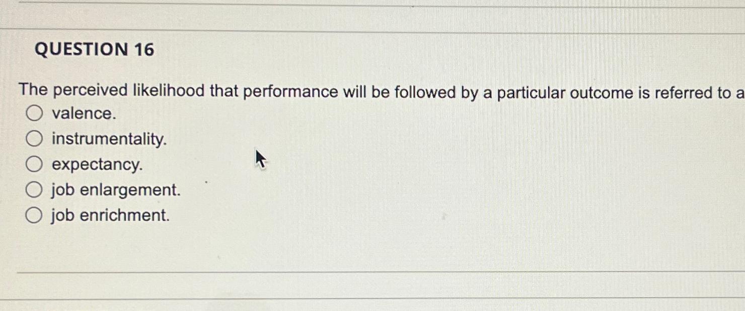 Solved QUESTION 16The perceived likelihood that performance | Chegg.com