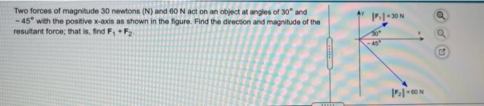 Solved Two forces of magnitude 30 newtons (N) and 60 N act | Chegg.com