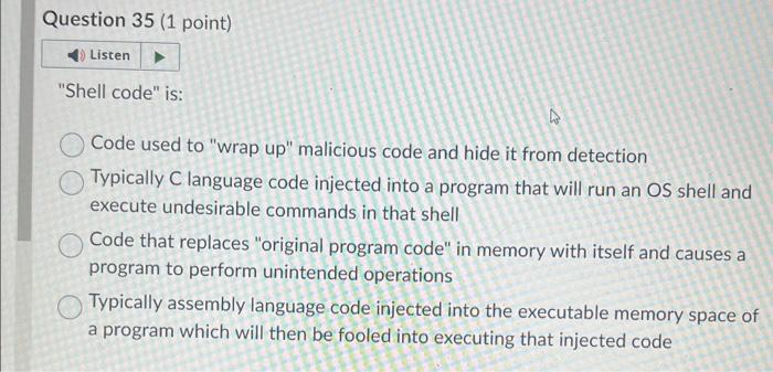 Solved "Shell code" is: Code used to "wrap up" malicious | Chegg.com