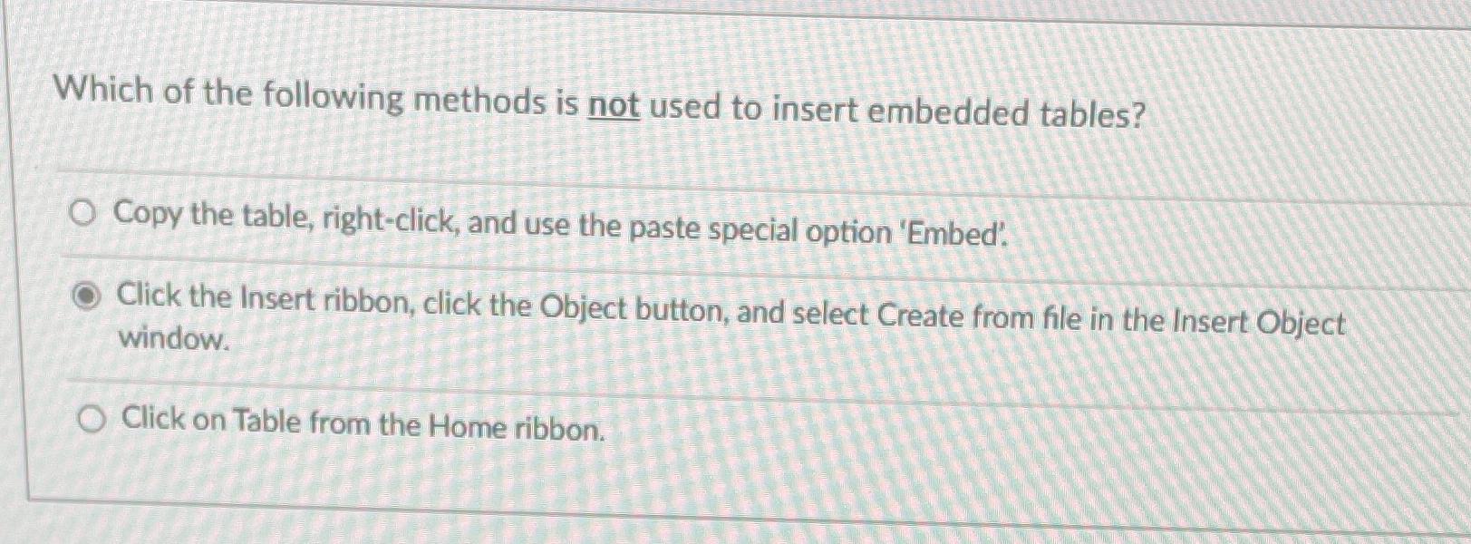 Solved Which of the following methods is not used to insert | Chegg.com