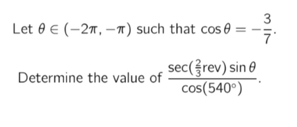 Solved Let θin(-2π,-π) ﻿such that cosθ=-37. ﻿Determine the | Chegg.com