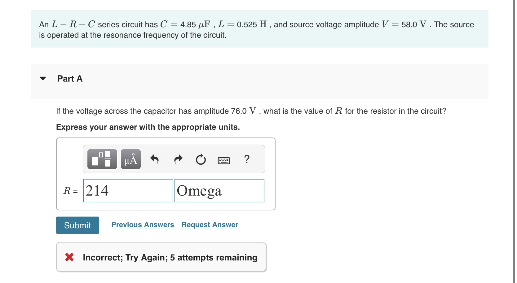 Solved An L-R-C ﻿series circuit has C=4.85μF,L=0.525H, ﻿and | Chegg.com