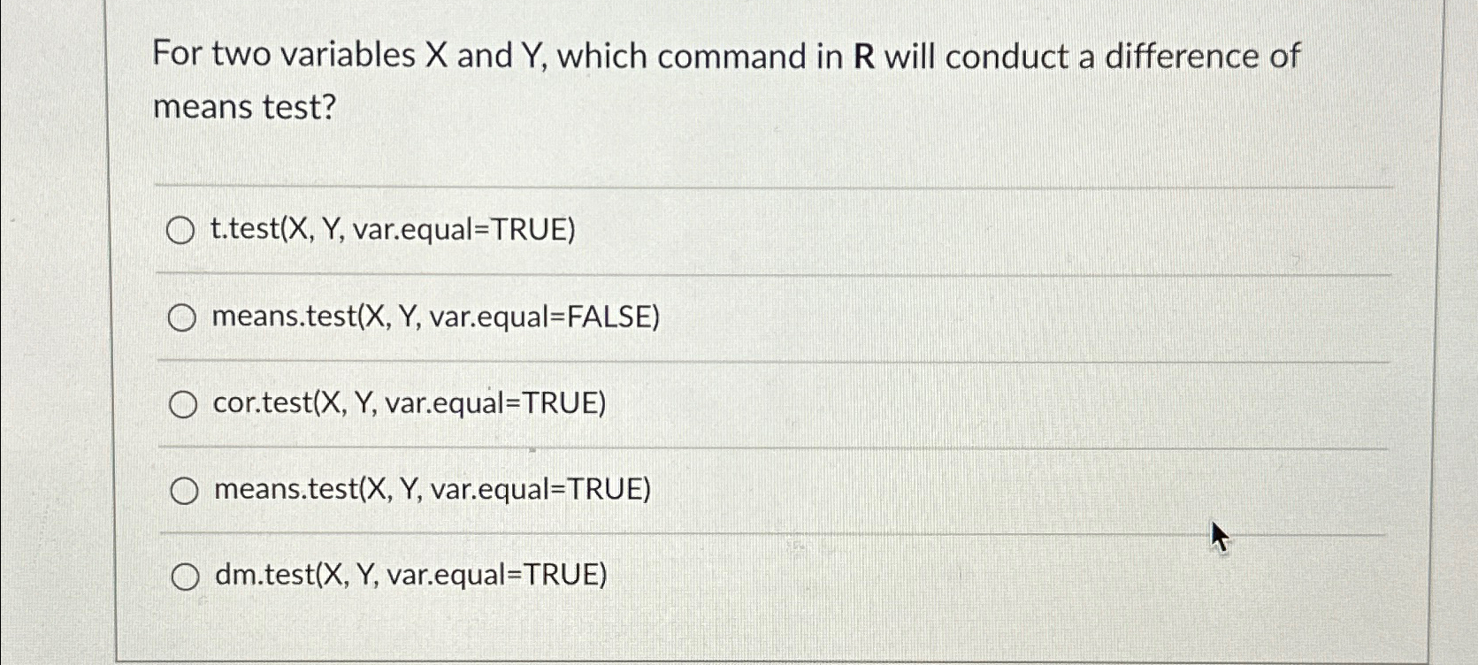 Solved For two variables x ﻿and Y, ﻿which command in R ﻿will | Chegg.com