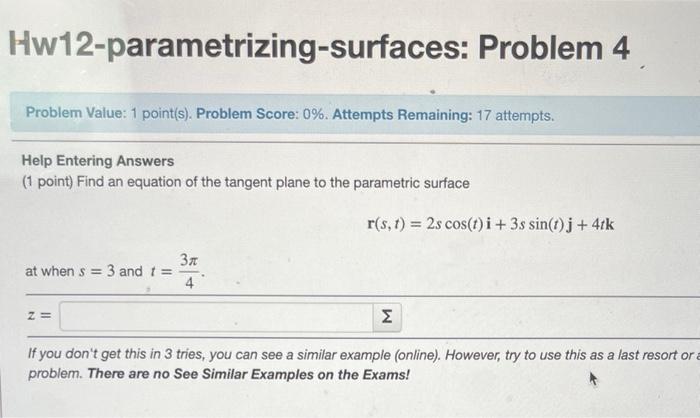 Solved Hw12-parametrizing-surfaces: Problem 4 Problem Value: | Chegg.com