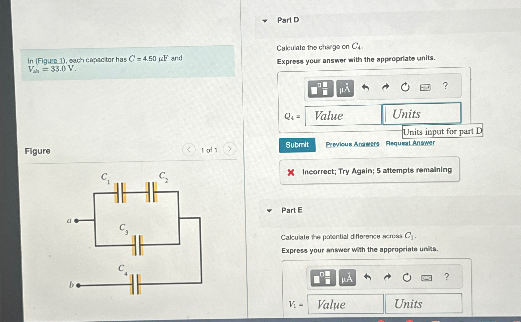 Solved Part DIn (Figure 1), ﻿each capacitor has C=4.50μF | Chegg.com