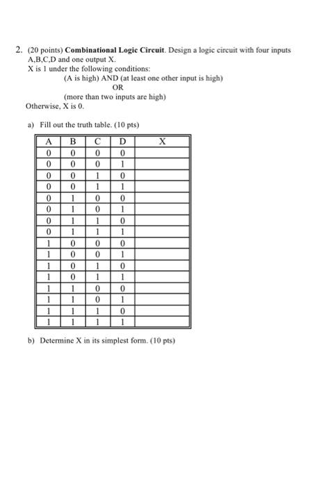 Solved 0 0 1 0 2. (20 points) Combinational Logic Circuit. | Chegg.com
