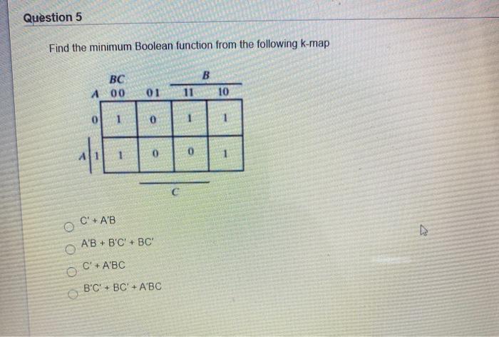 Solved Question 5 Find the minimum Boolean function from the | Chegg.com