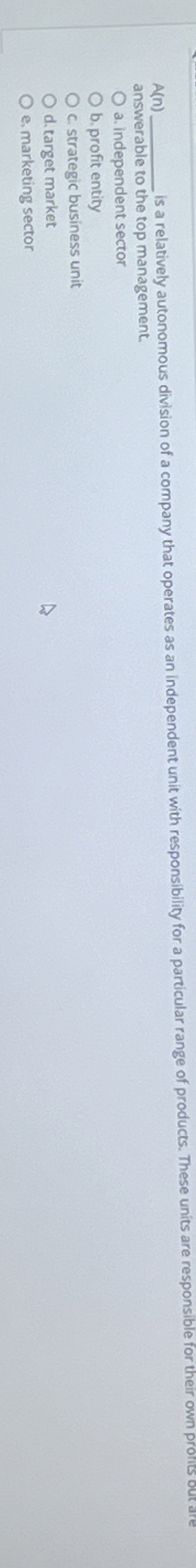 Solved A(n)is a relatively autonomous division of a company | Chegg.com