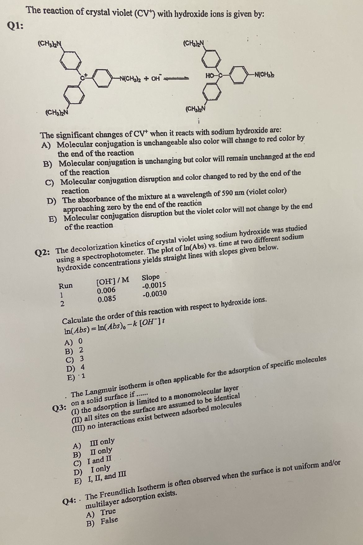 Solved The reaction of crystal violet (CV+)with hydroxide | Chegg.com