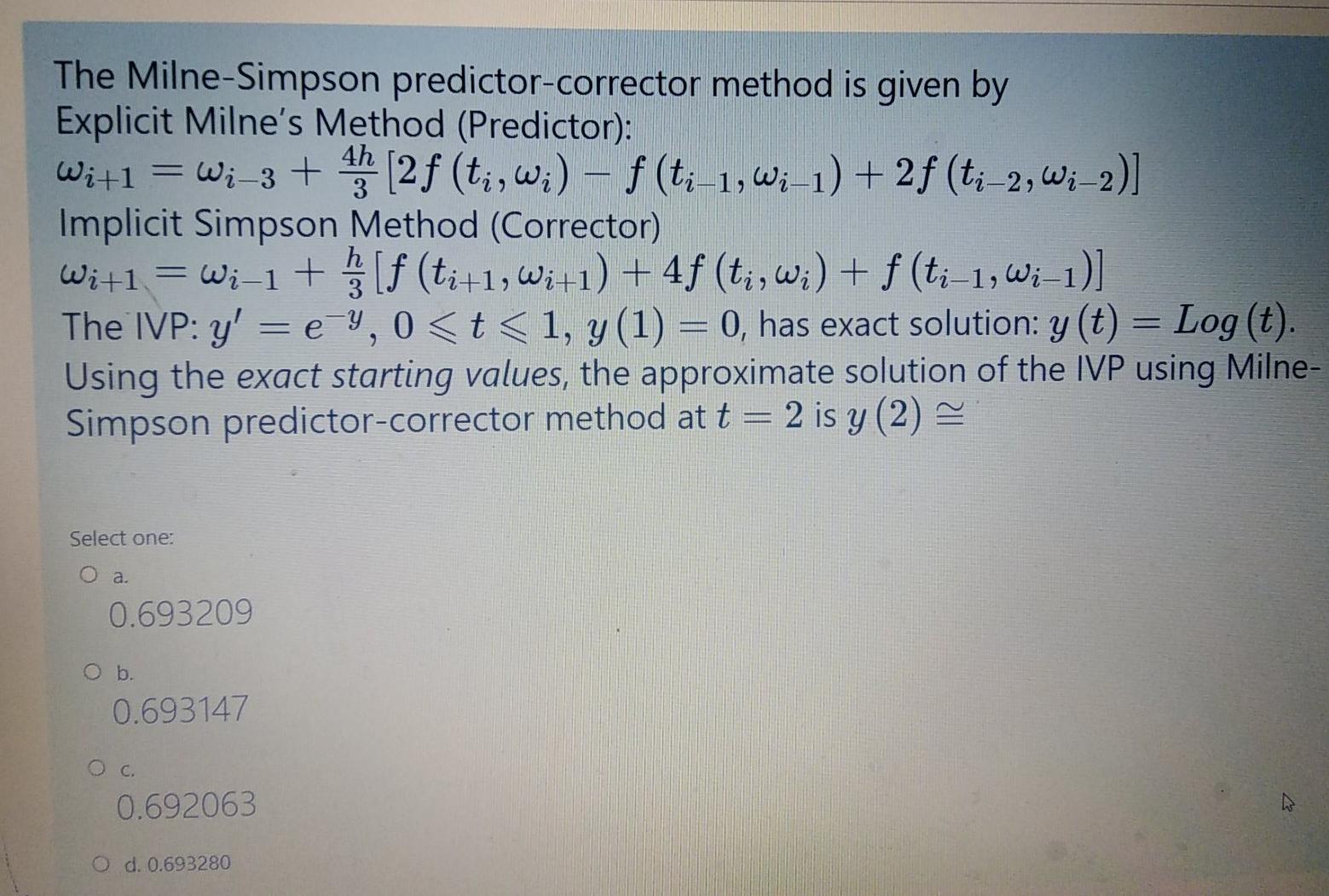 Solved The Milne-Simpson predictor-corrector method is given | Chegg.com