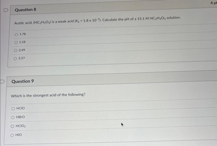 Solved Acetic acid, (HC2H3O2) is a weak acid (K3=1.8×10−5). | Chegg.com