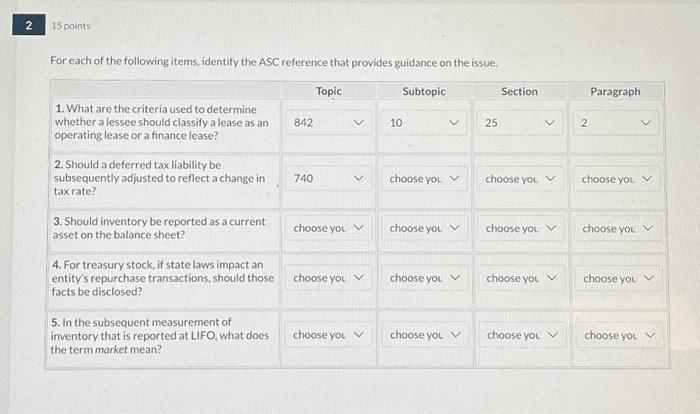 For each of the following items, identify the ASC | Chegg.com