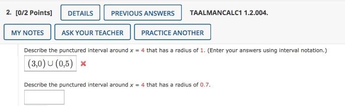 Solved 2. [0/2 points) DETAILS PREVIOUS ANSWERS TAALMANCALC1 | Chegg.com Solved 2. [0/2 points) DETAILS PREVIOUS ANSWERS TAALMANCALC1 | Chegg.com