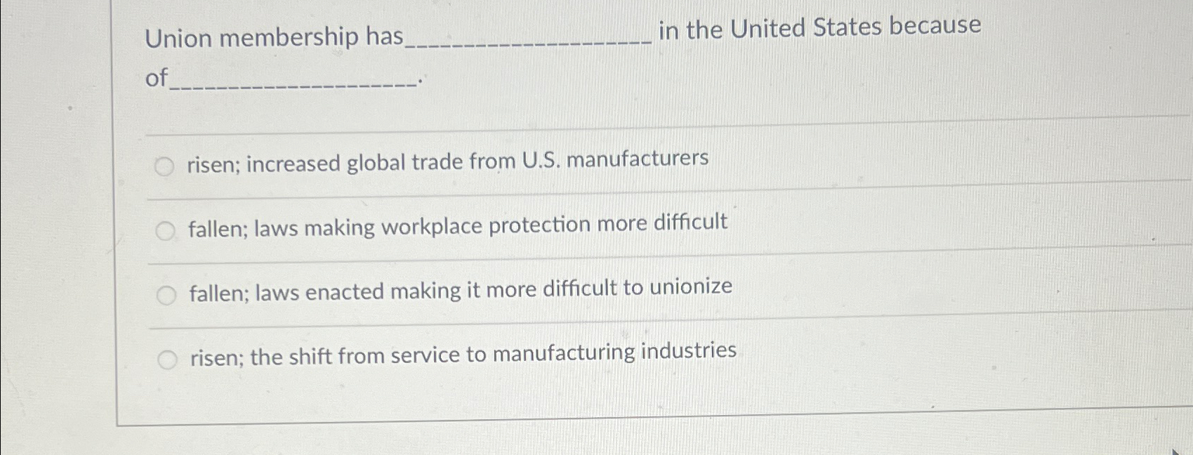 Solved Union membership has q, ﻿in the United States because | Chegg.com