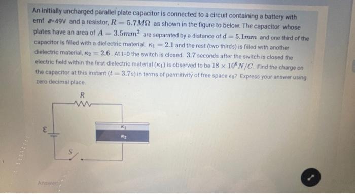 Solved An initially uncharged parallel plate capacitor is | Chegg.com