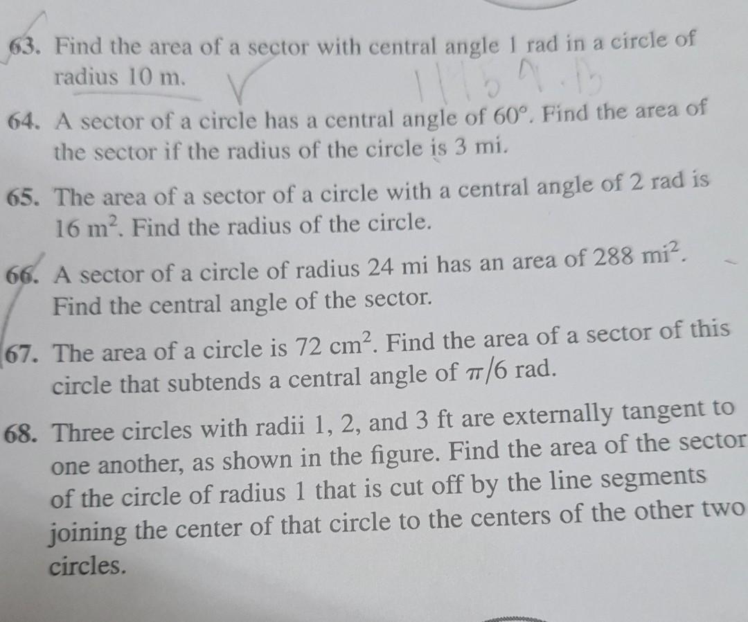 Solved 11169 63. Find the area of a sector with central | Chegg.com