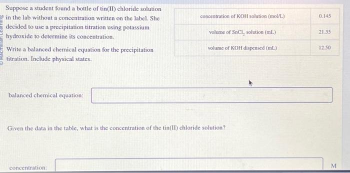 Solved Suppose a student found a bottle of tin(II) chloride | Chegg.com