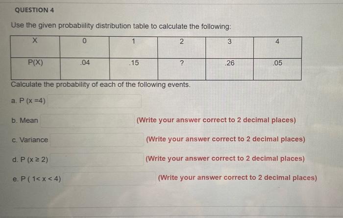 Solved QUESTION 4 Use the given probability distribution | Chegg.com