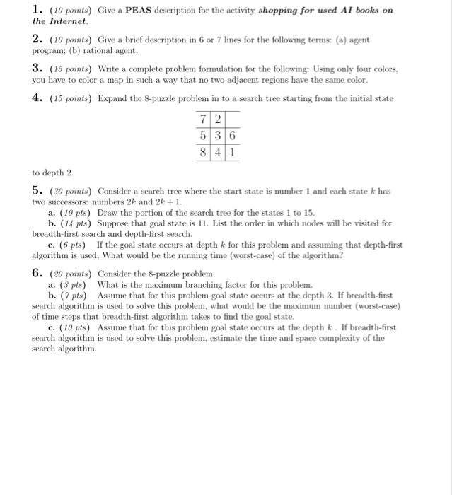 Solved 1. (10 points) Give a PEAS description for the | Chegg.com