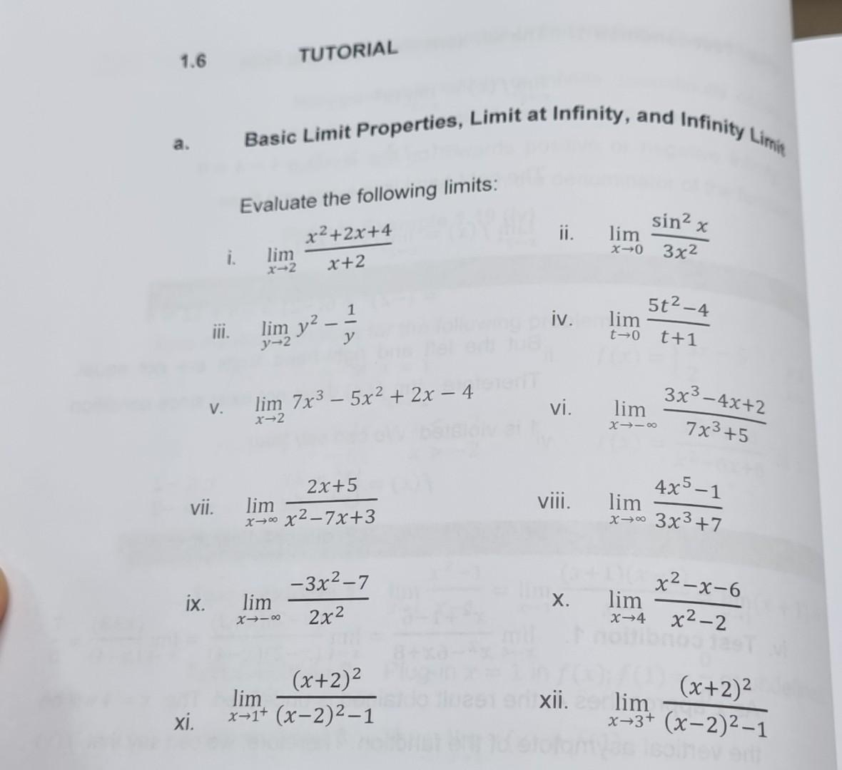 Solved a. Basic Limit Properties, Limit at Infinity, and | Chegg.com