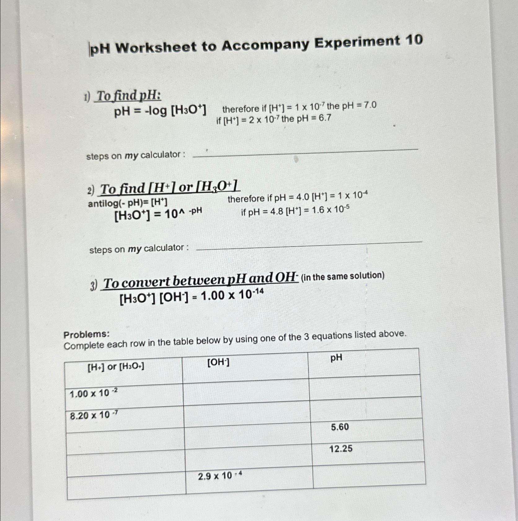 Solved pH Worksheet to Accompany Experiment 10To find | Chegg.com