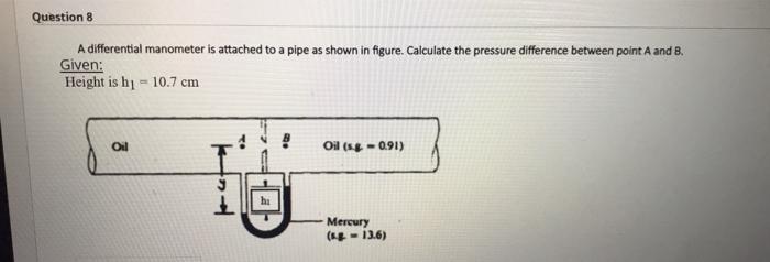 Solved Question 8 A differential manometer is attached to a | Chegg.com