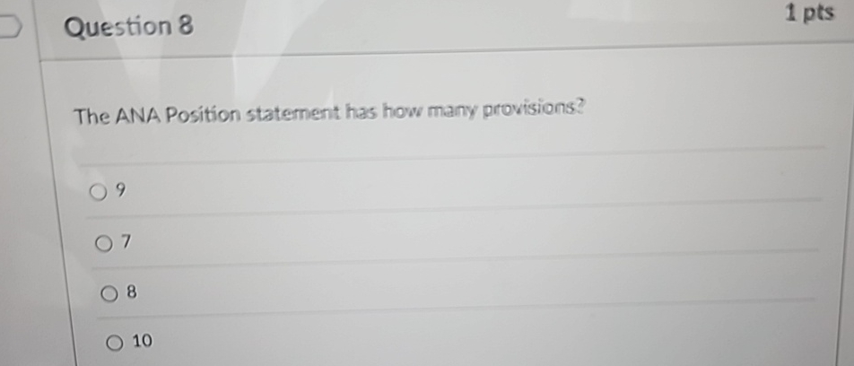 Solved Question 81 ﻿ptsThe ANA Position statement has how | Chegg.com