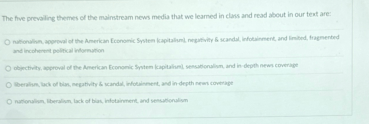 Solved The five prevailing themes of the mainstream news | Chegg.com