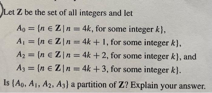 Solved Let Z be the set of all integers and let Ao = {ne Zn | Chegg.com