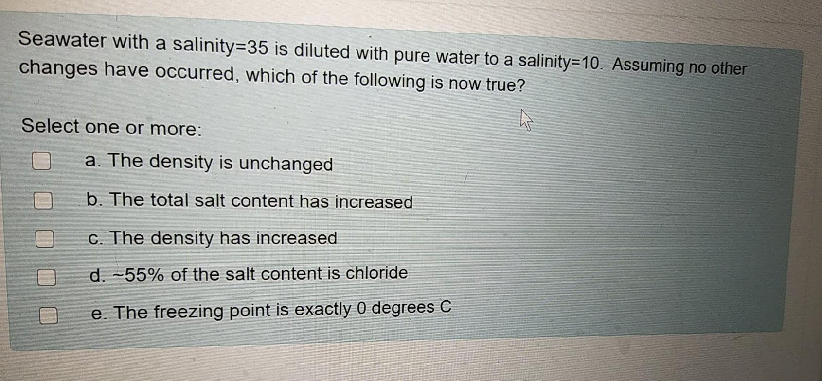 Solved Seawater with a salinity=35 is diluted with pure | Chegg.com