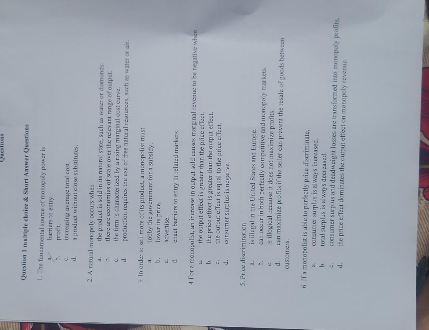 Solved Question 1 multiple choice \& Short Answer Questions | Chegg.com