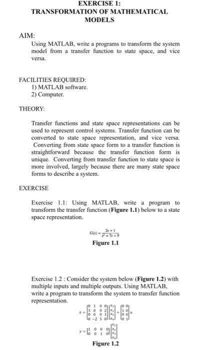 EXERCISE 1: TRANSFORMATION OF MATHEMATICAL MODELS | Chegg.com