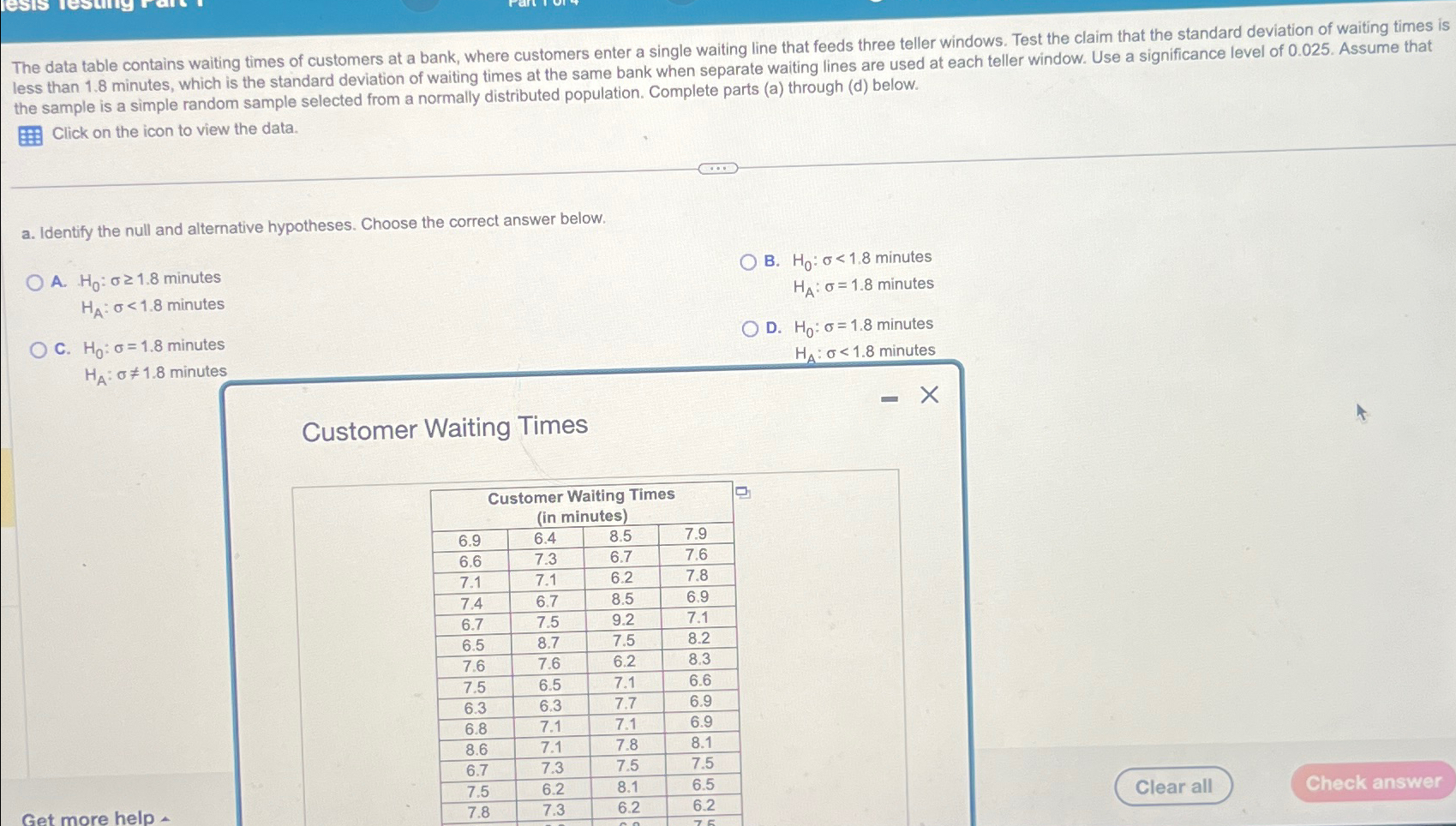 Solved The data table contains waiting times of customers at | Chegg.com