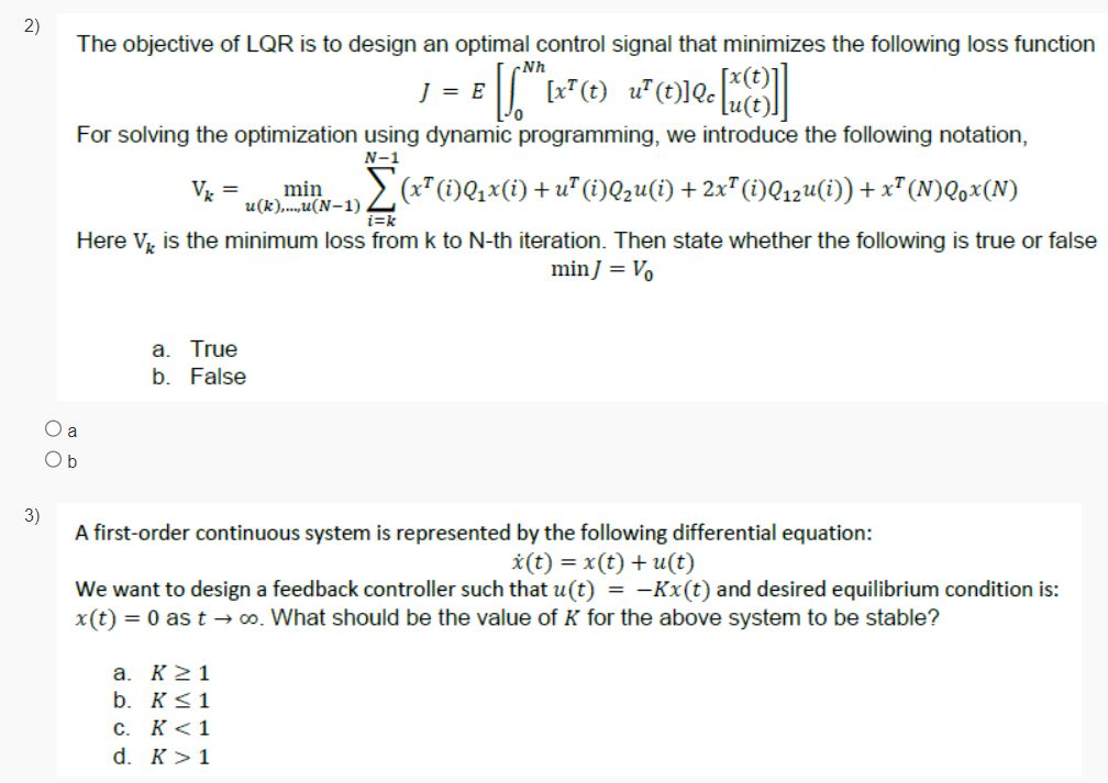 Solved Q.2) ﻿The objective of LQR is to design an optimal | Chegg.com