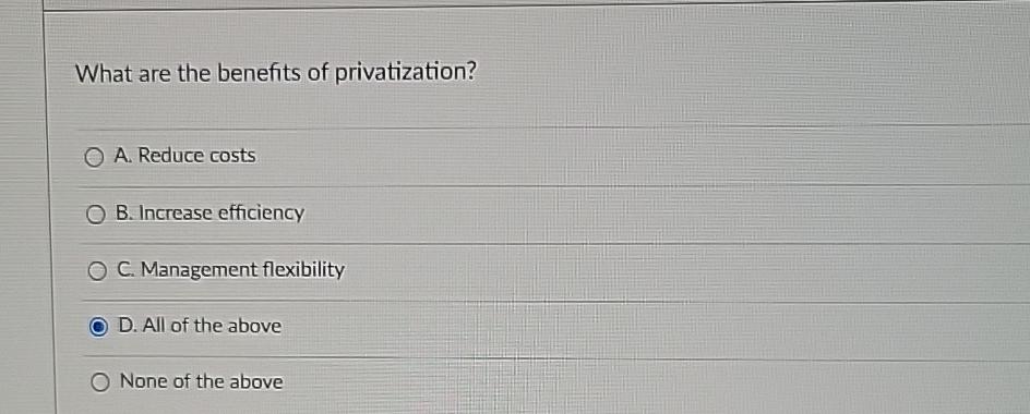 Solved What are the benefits of privatization?A. ﻿Reduce | Chegg.com