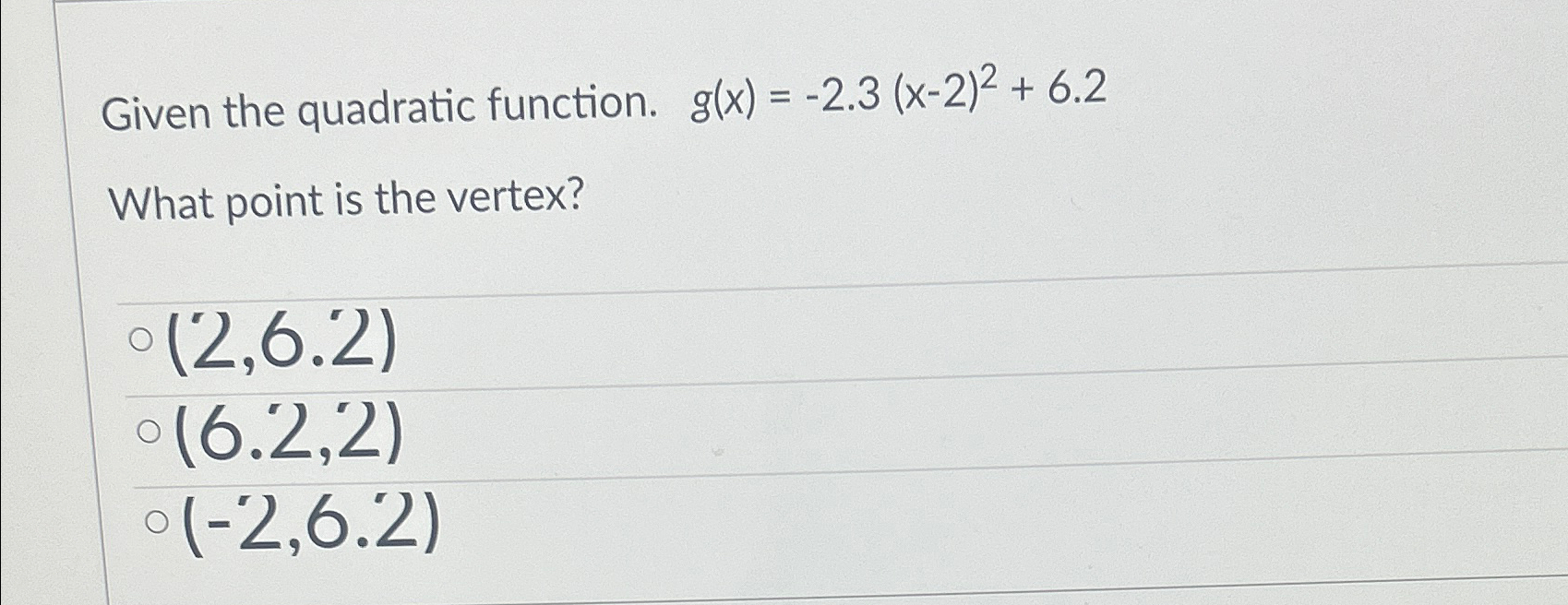 Solved Given the quadratic function. g(x)=-2.3(x-2)2+6.2What | Chegg.com