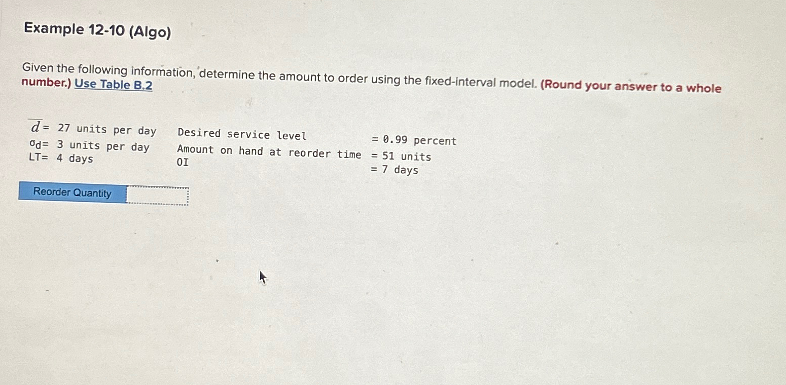 Solved Example 12-10 (Algo)Given the following information, | Chegg.com