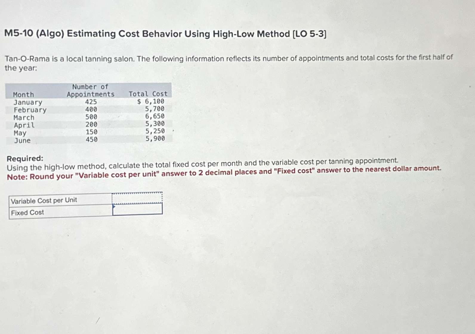 Solved M5-10 (Algo) ﻿Estimating Cost Behavior Using High-Low | Chegg.com
